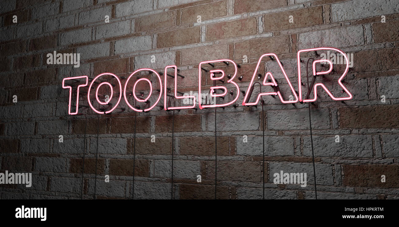 TOOLBAR - Glowing Neon Sign on stonework wall - 3D rendered royalty ...