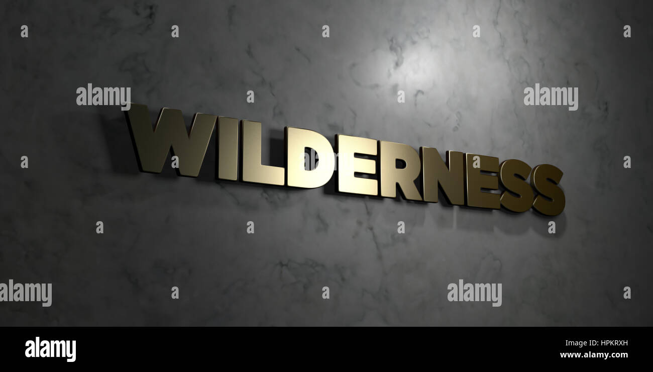 Wilderness - Gold text on black background - 3D rendered royalty free ...