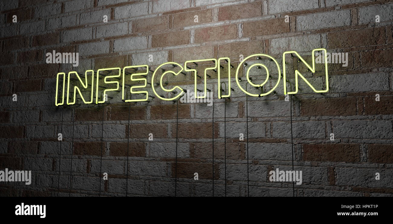 INFECTION - Glowing Neon Sign on stonework wall - 3D rendered royalty ...