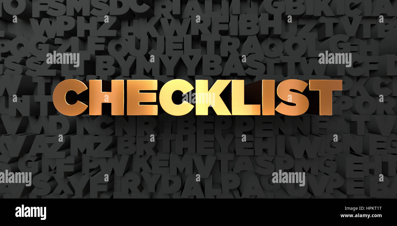 Checklist - Gold text on black background - 3D rendered royalty free ...