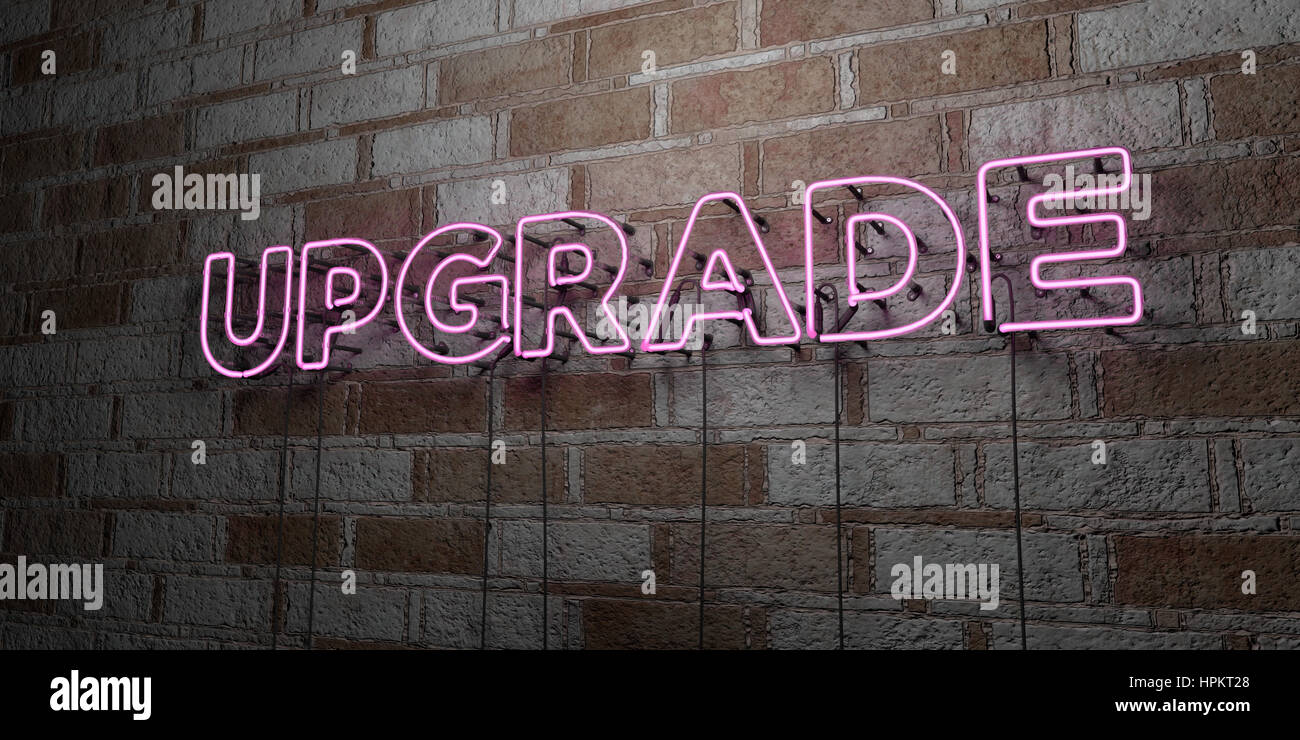 UPGRADE - Glowing Neon Sign on stonework wall - 3D rendered royalty ...