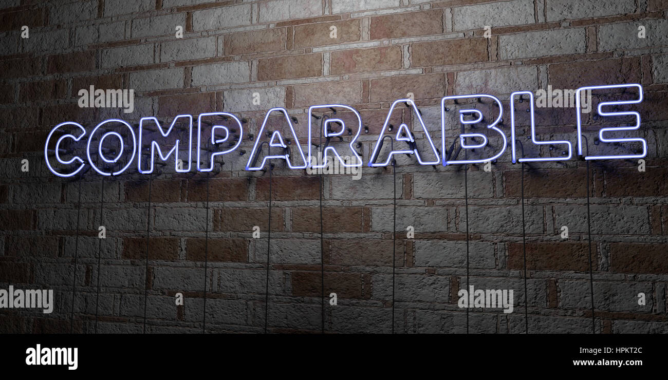 COMPARABLE - Glowing Neon Sign on stonework wall - 3D rendered royalty ...