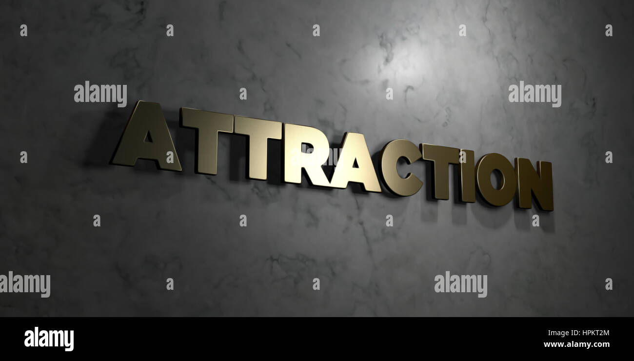 Attraction - Gold text on black background - 3D rendered royalty free ...
