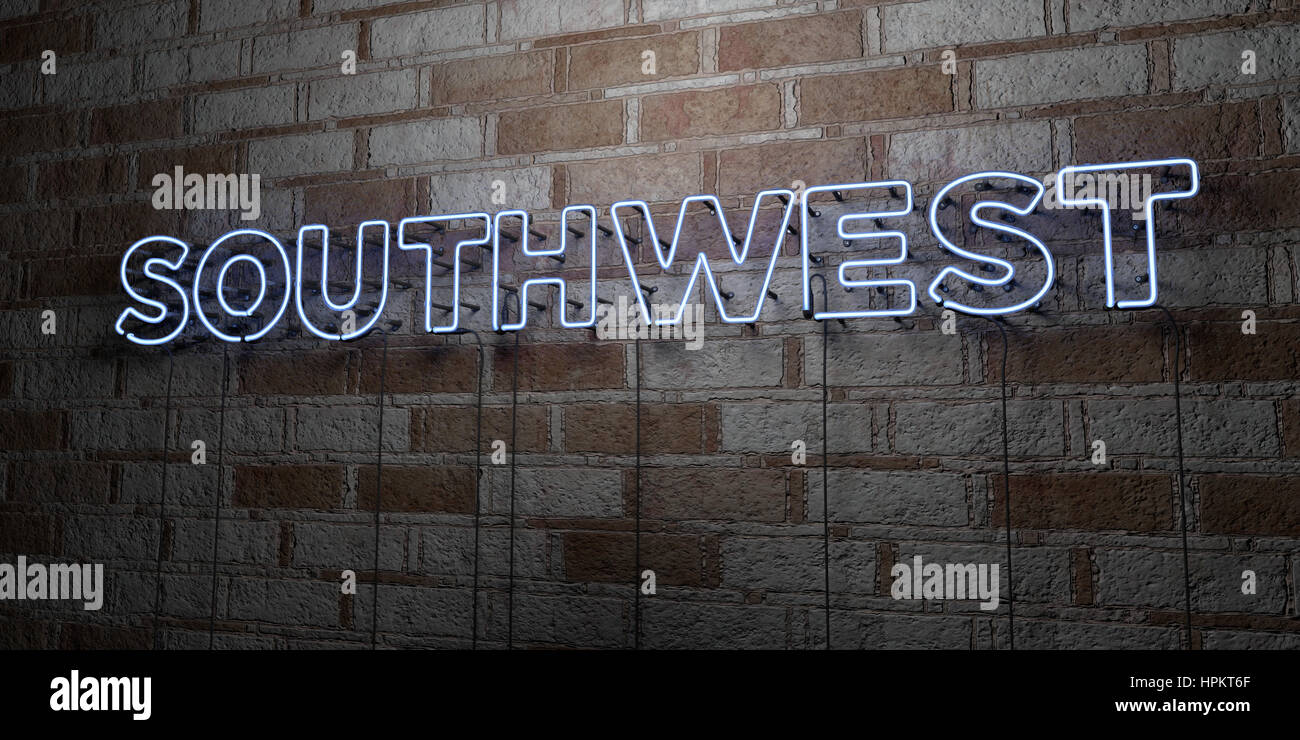 SOUTHWEST - Glowing Neon Sign on stonework wall - 3D rendered royalty ...