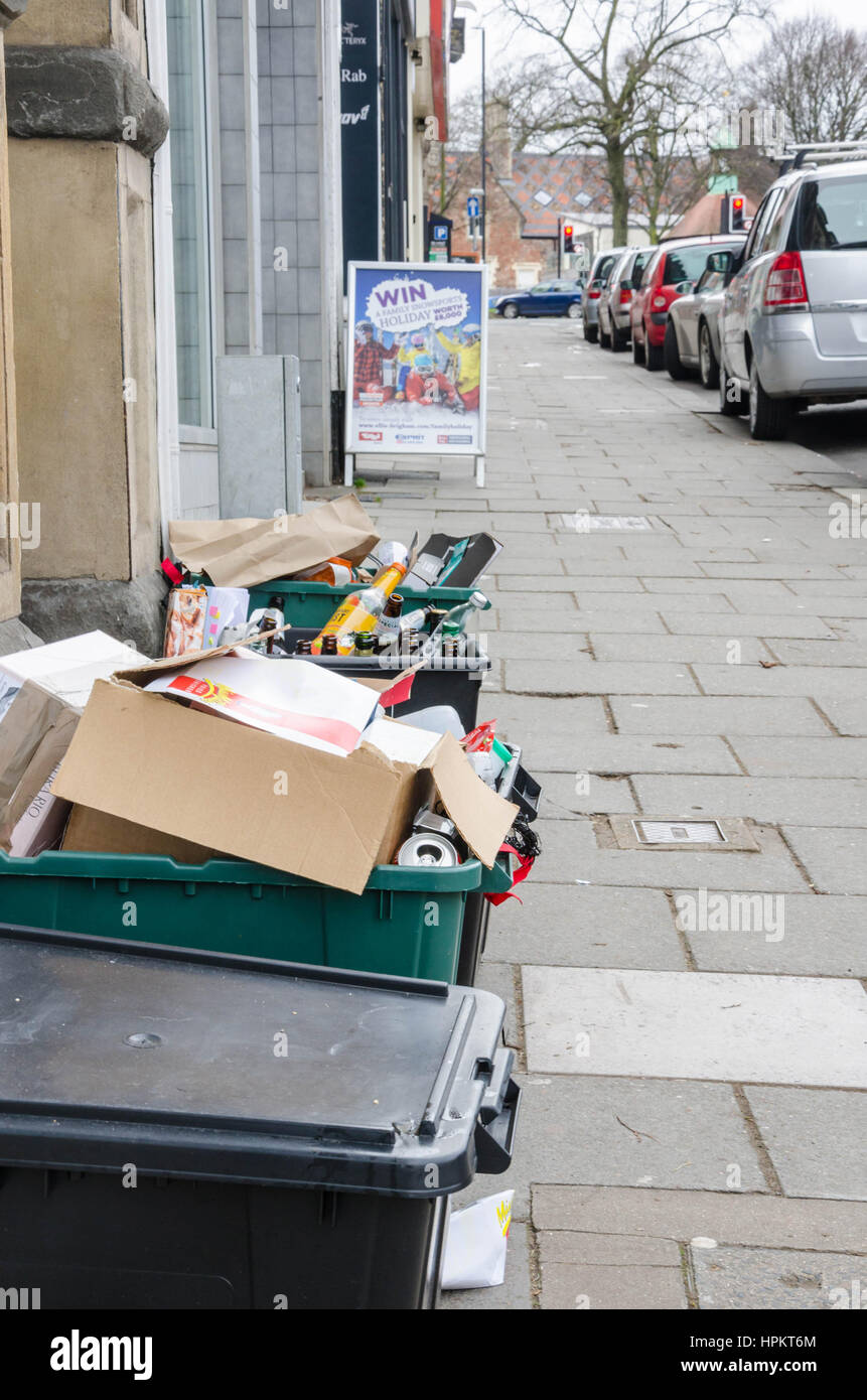 Recycling boxes for of rubbish left on the street for collection Stock ...