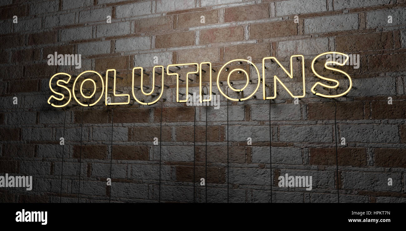 SOLUTIONS - Glowing Neon Sign on stonework wall - 3D rendered royalty ...