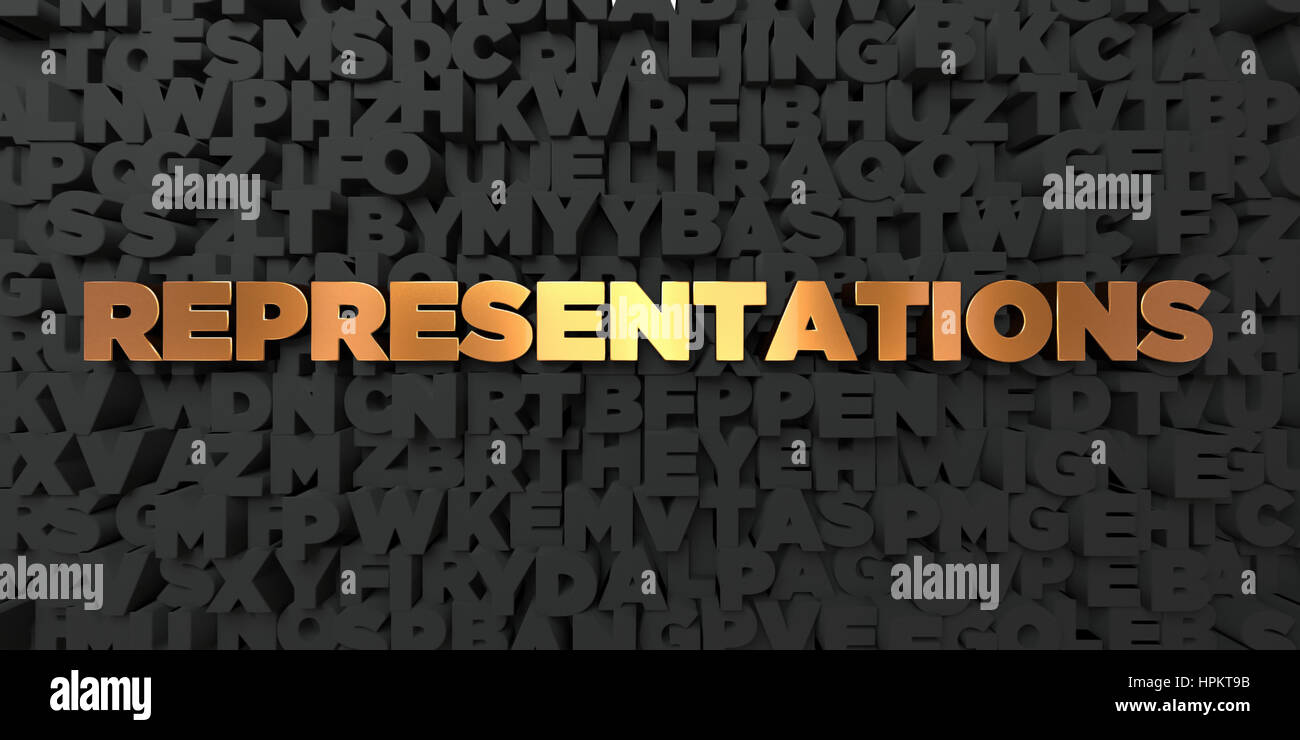 Representations - Gold text on black background - 3D rendered royalty ...