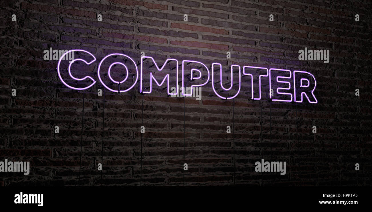 COMPUTER -Realistic Neon Sign on Brick Wall background - 3D rendered ...