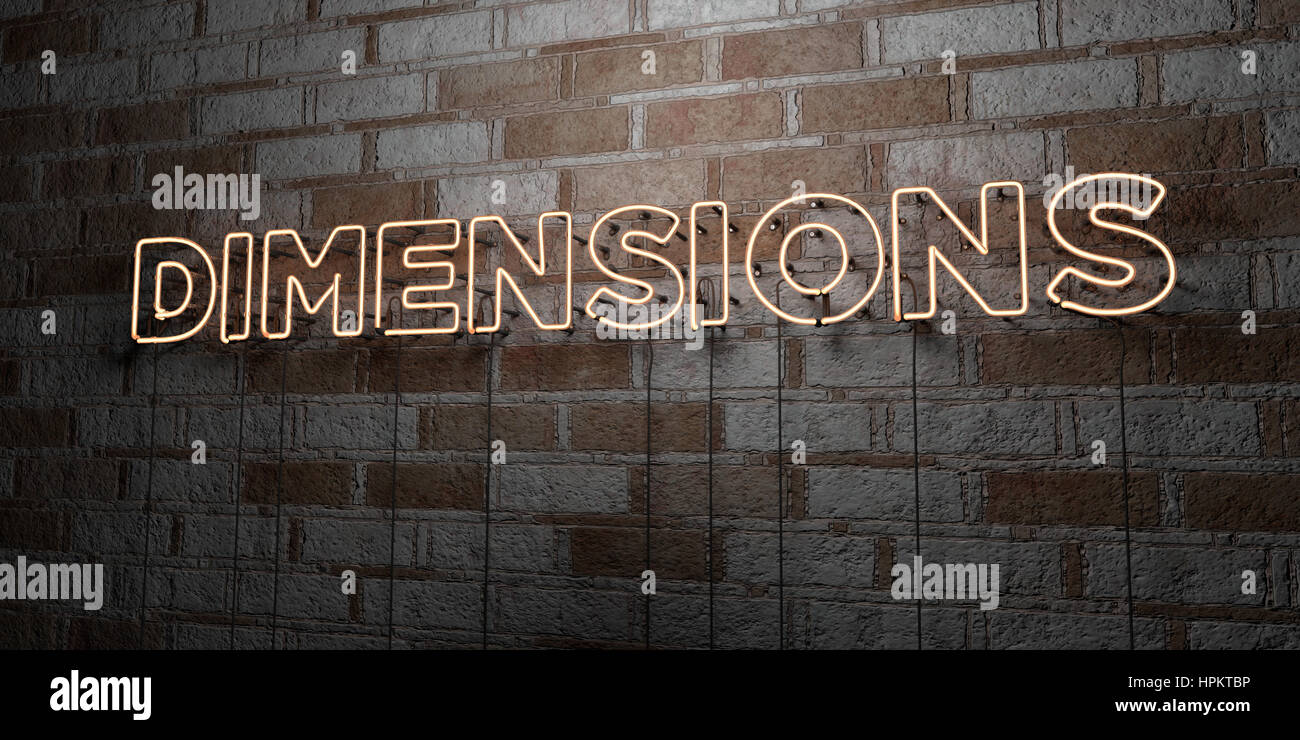 DIMENSIONS - Glowing Neon Sign on stonework wall - 3D rendered royalty ...