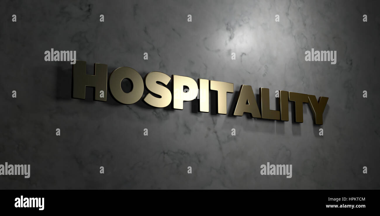 Hospitality - Gold text on black background - 3D rendered royalty free ...