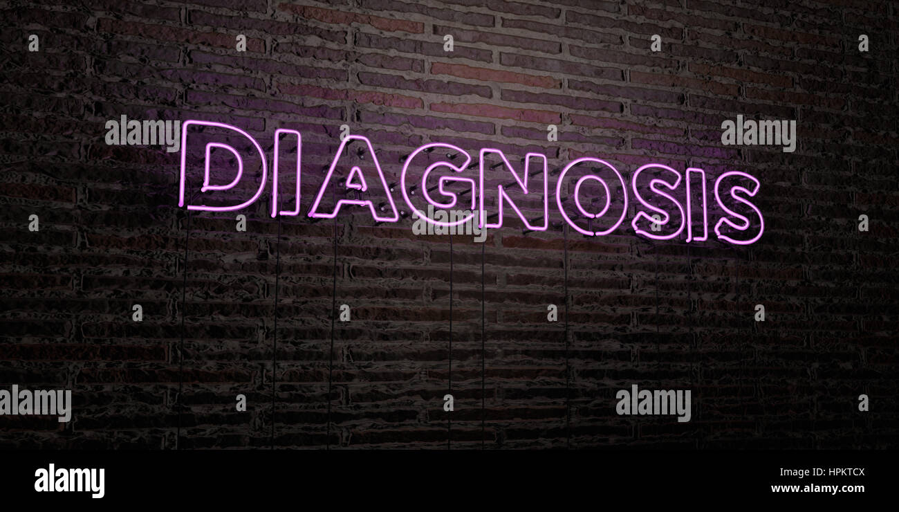 DIAGNOSIS -Realistic Neon Sign on Brick Wall background - 3D rendered ...