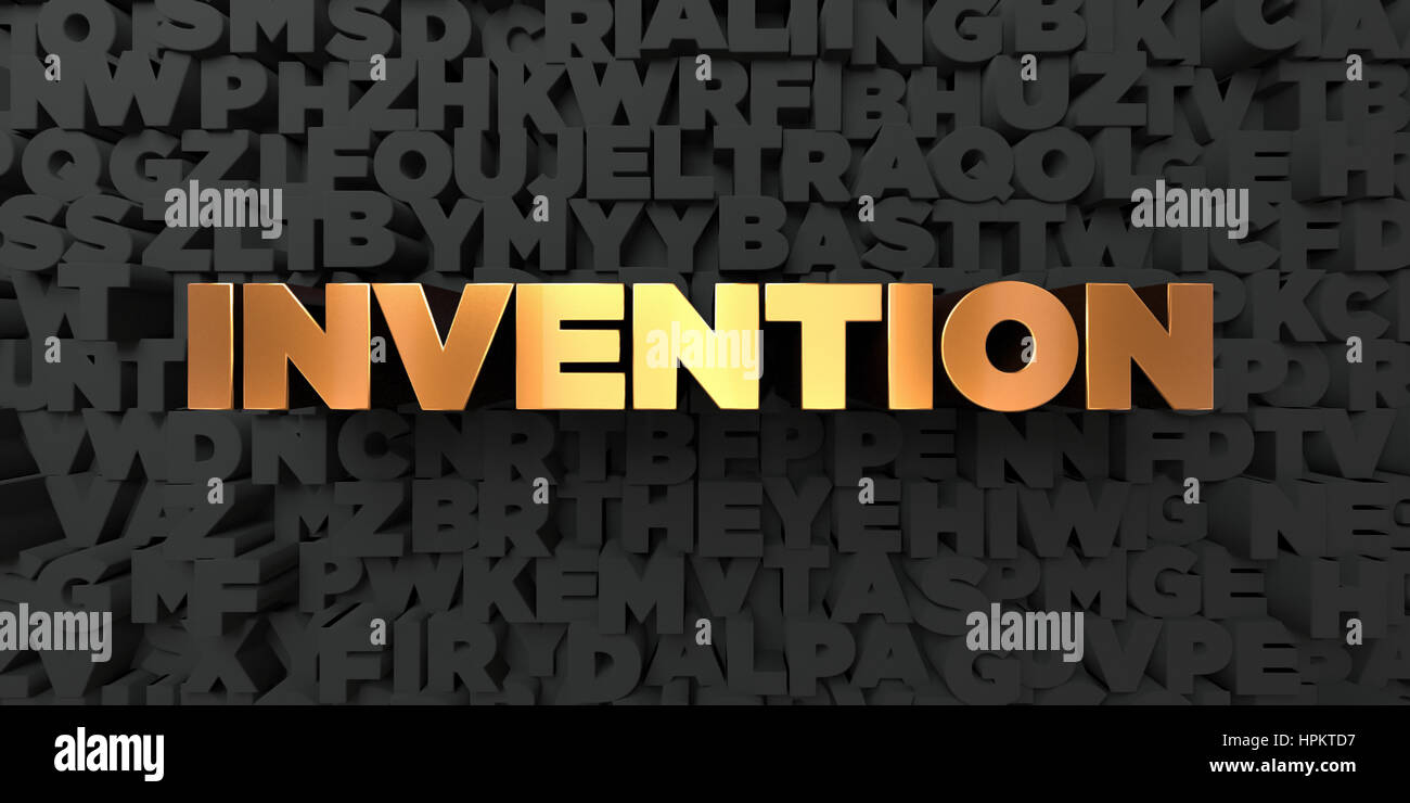 Invention - Gold text on black background - 3D rendered royalty free ...