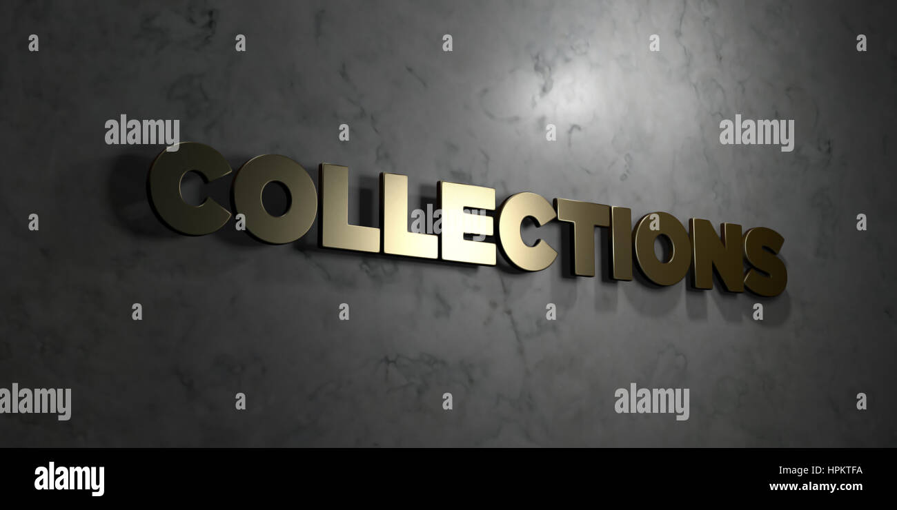 Collections - Gold text on black background - 3D rendered royalty free ...