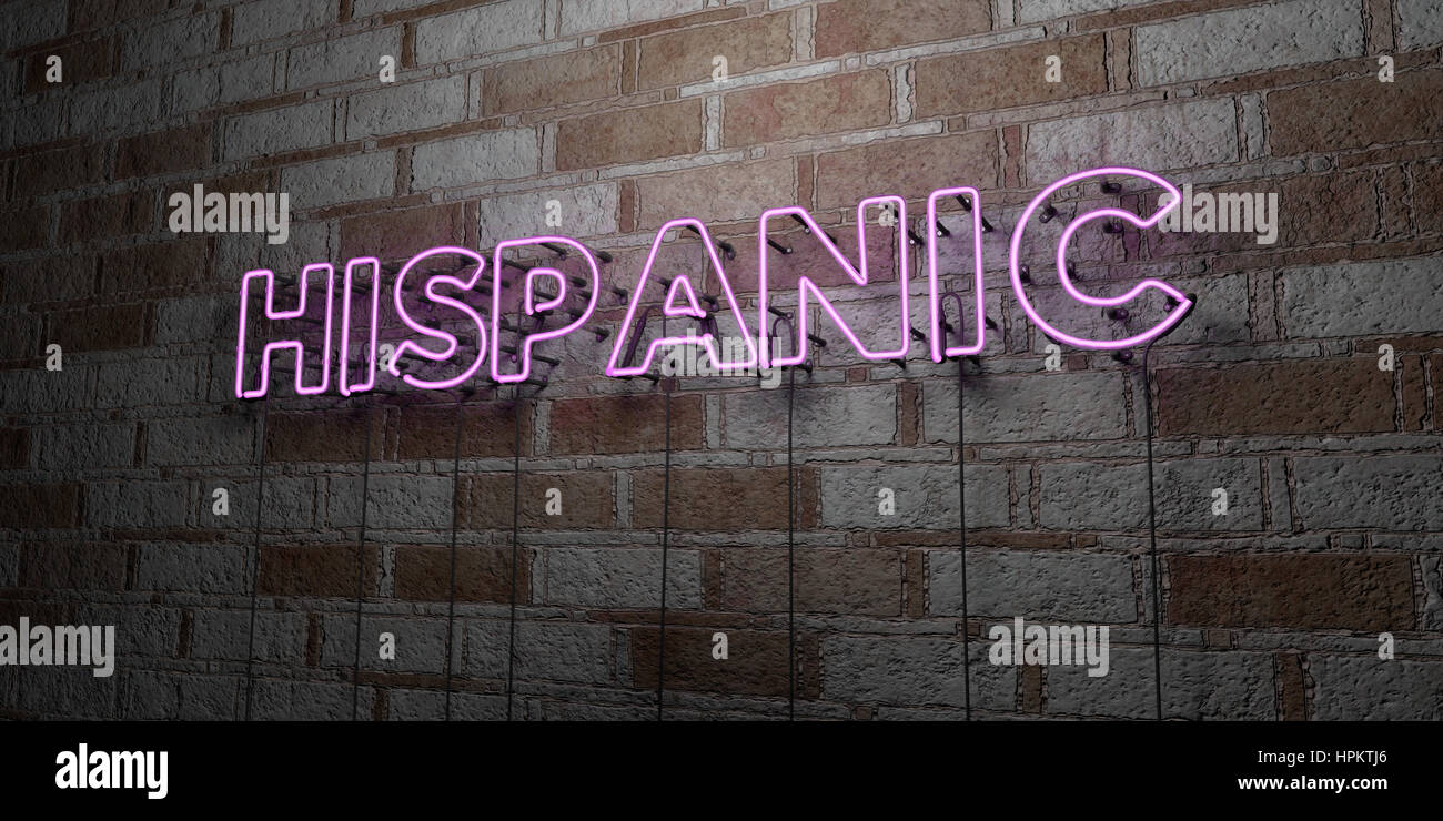 HISPANIC - Glowing Neon Sign on stonework wall - 3D rendered royalty ...