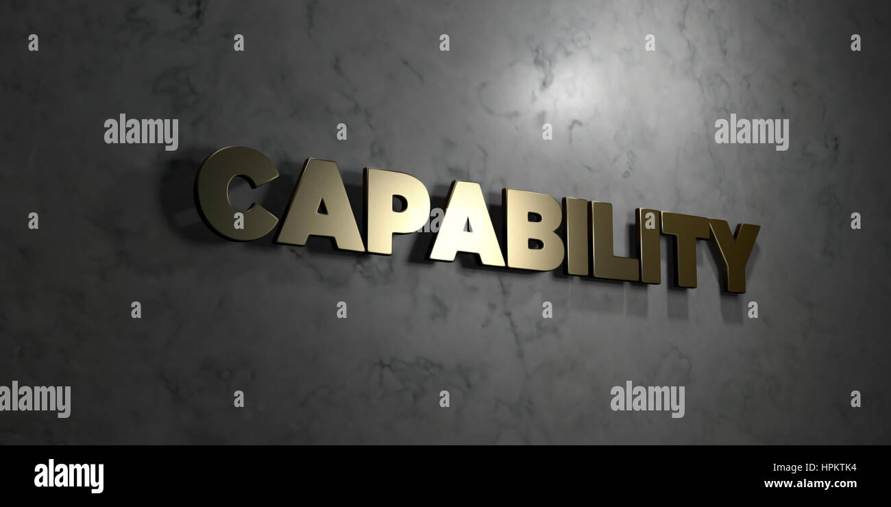 Capability - Gold text on black background - 3D rendered royalty free ...