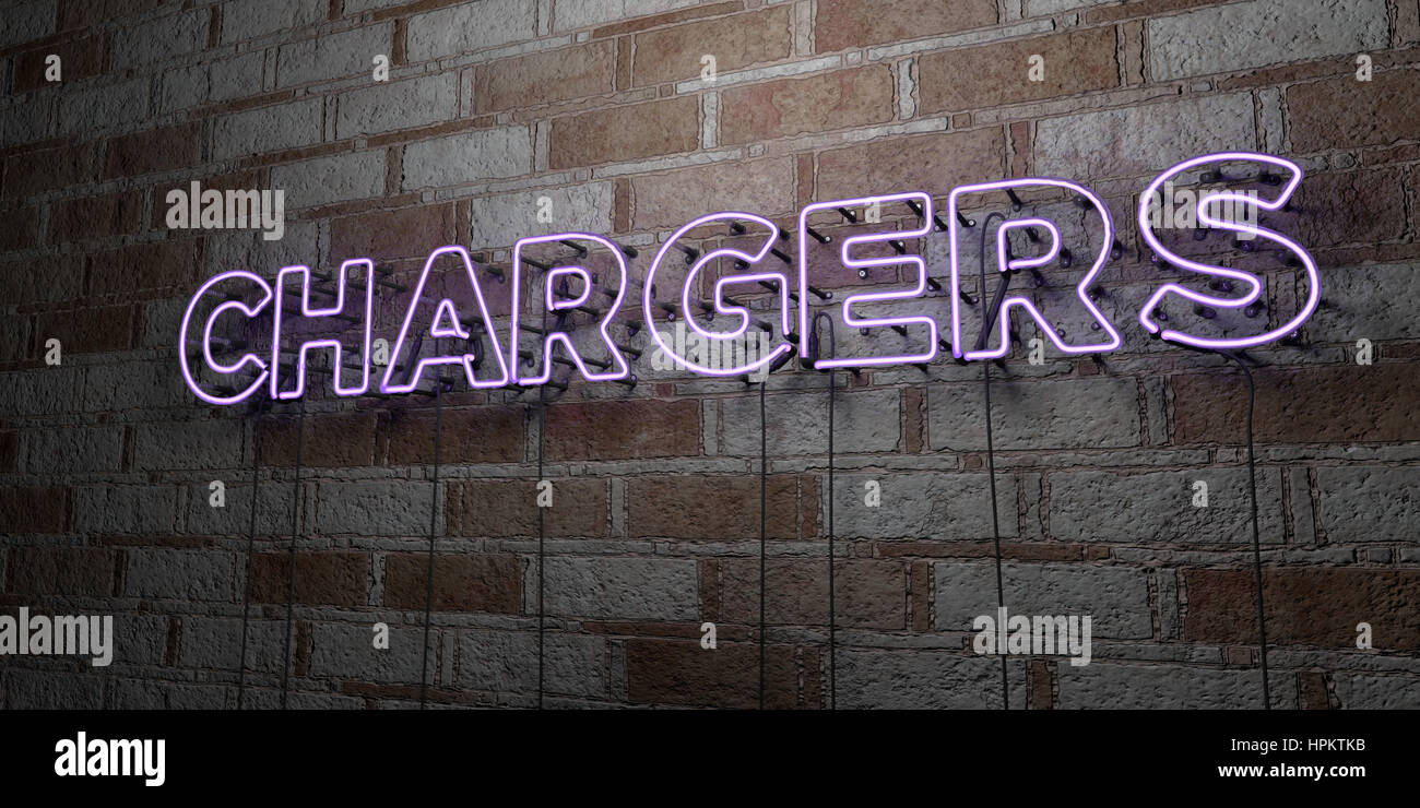 CHARGERS - Glowing Neon Sign on stonework wall - 3D rendered royalty ...