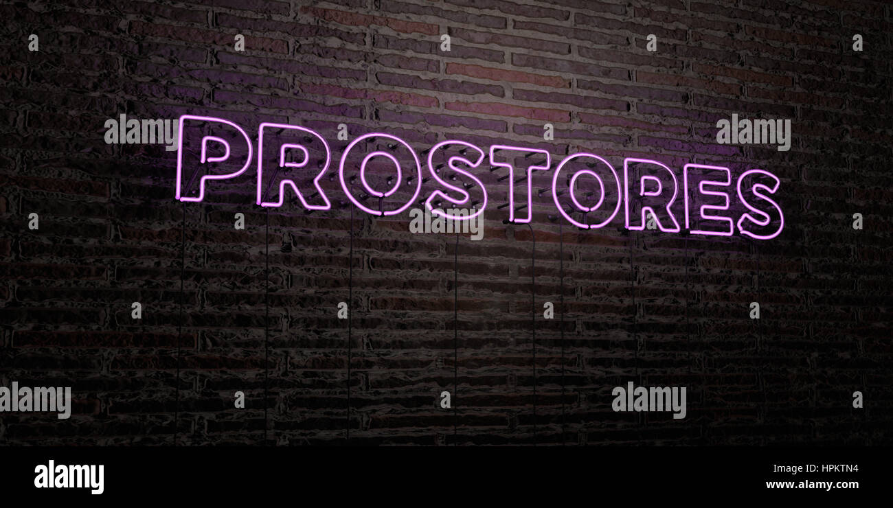 PROSTORES -Realistic Neon Sign on Brick Wall background - 3D rendered royalty free stock image ...
