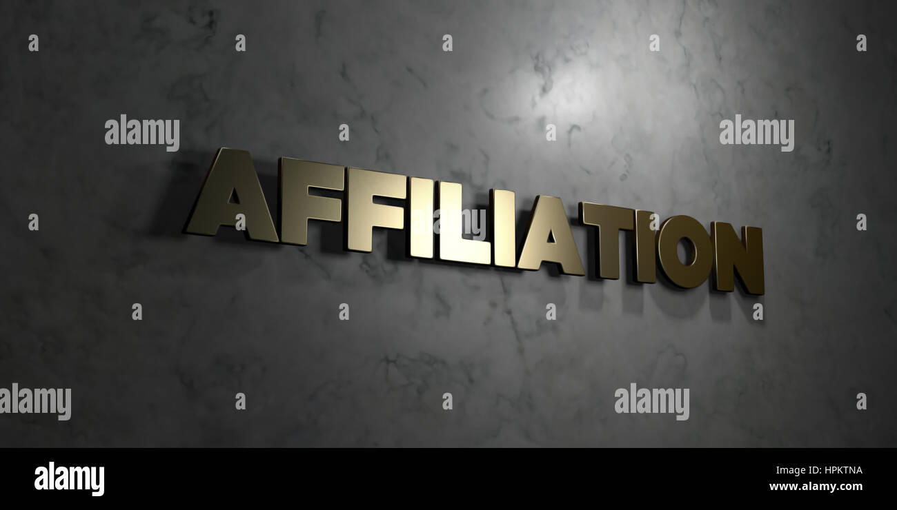 Affiliation - Gold text on black background - 3D rendered royalty free ...