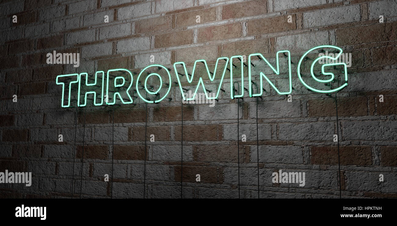 THROWING - Glowing Neon Sign on stonework wall - 3D rendered royalty ...