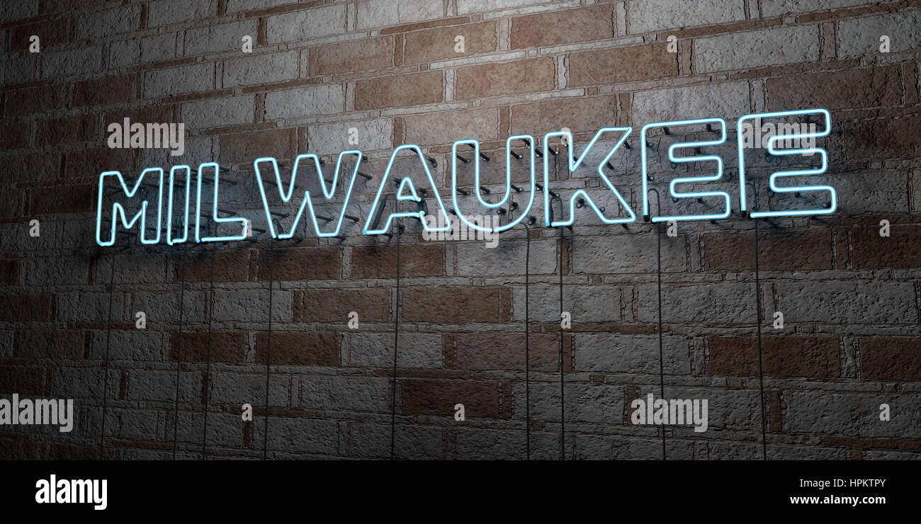 MILWAUKEE - Glowing Neon Sign on stonework wall - 3D rendered royalty ...