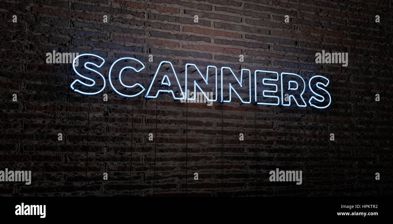 SCANNERS -Realistic Neon Sign on Brick Wall background - 3D rendered ...