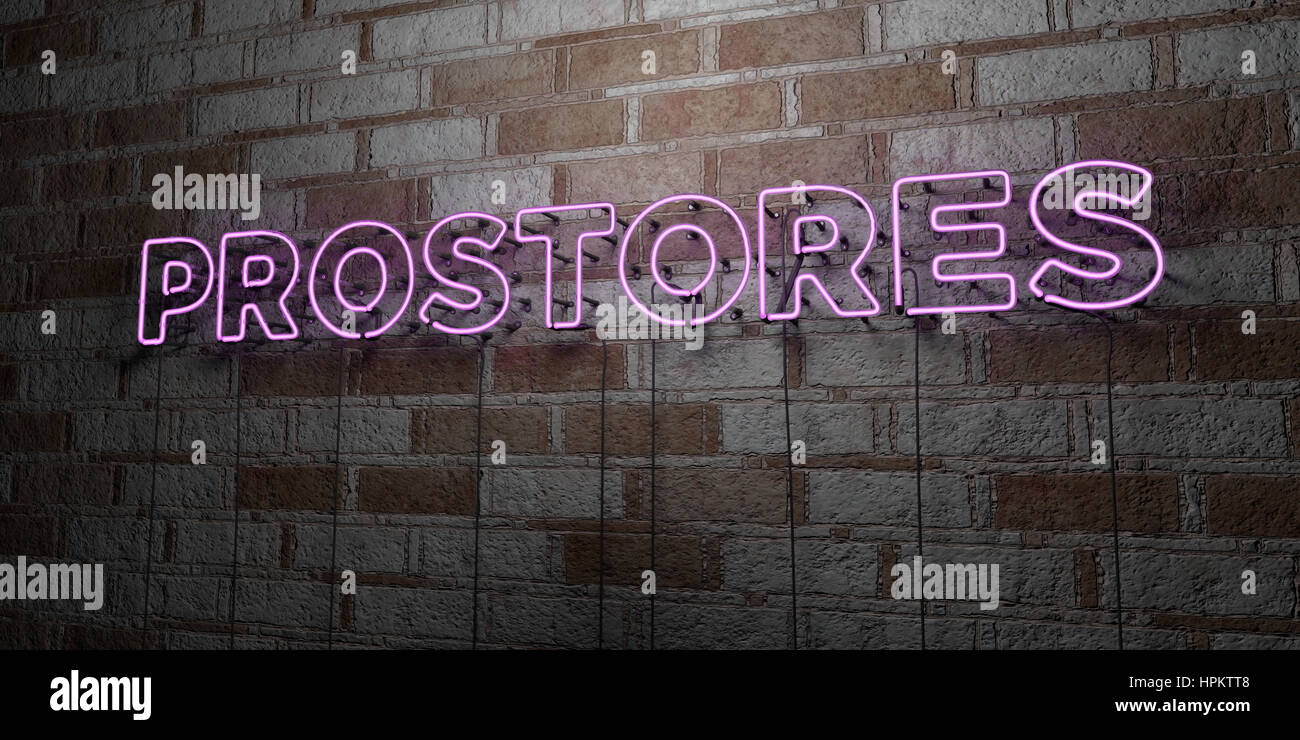 PROSTORES - Glowing Neon Sign on stonework wall - 3D rendered royalty ...