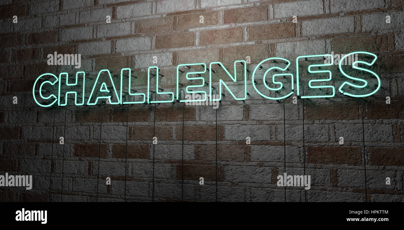 CHALLENGES - Glowing Neon Sign on stonework wall - 3D rendered royalty ...