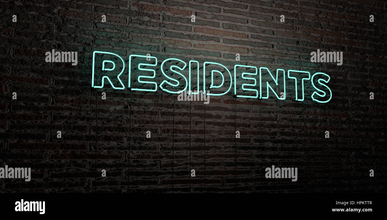 RESIDENTS -Realistic Neon Sign on Brick Wall background - 3D rendered ...
