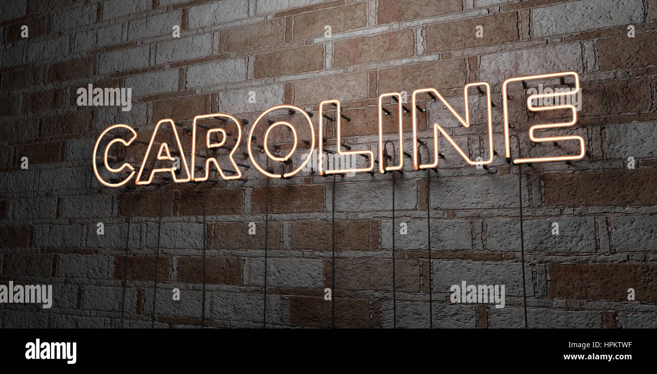 CAROLINE - Glowing Neon Sign on stonework wall - 3D rendered royalty ...