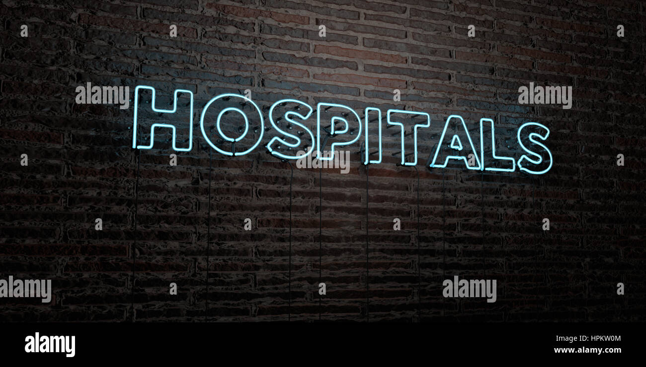 HOSPITALS -Realistic Neon Sign on Brick Wall background - 3D rendered ...