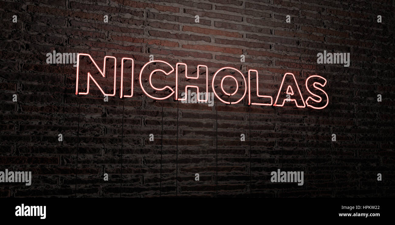 NICHOLAS -Realistic Neon Sign on Brick Wall background - 3D rendered ...
