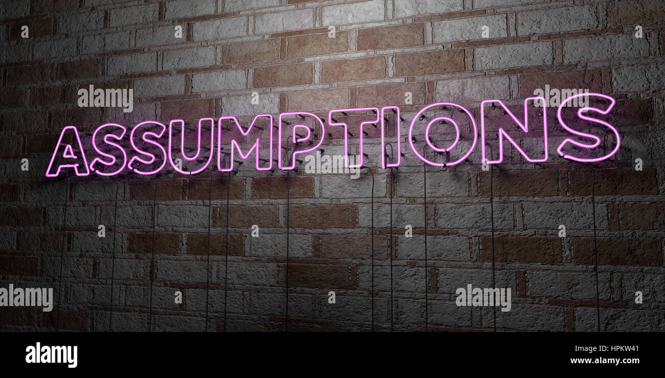 ASSUMPTIONS - Glowing Neon Sign on stonework wall - 3D rendered royalty ...