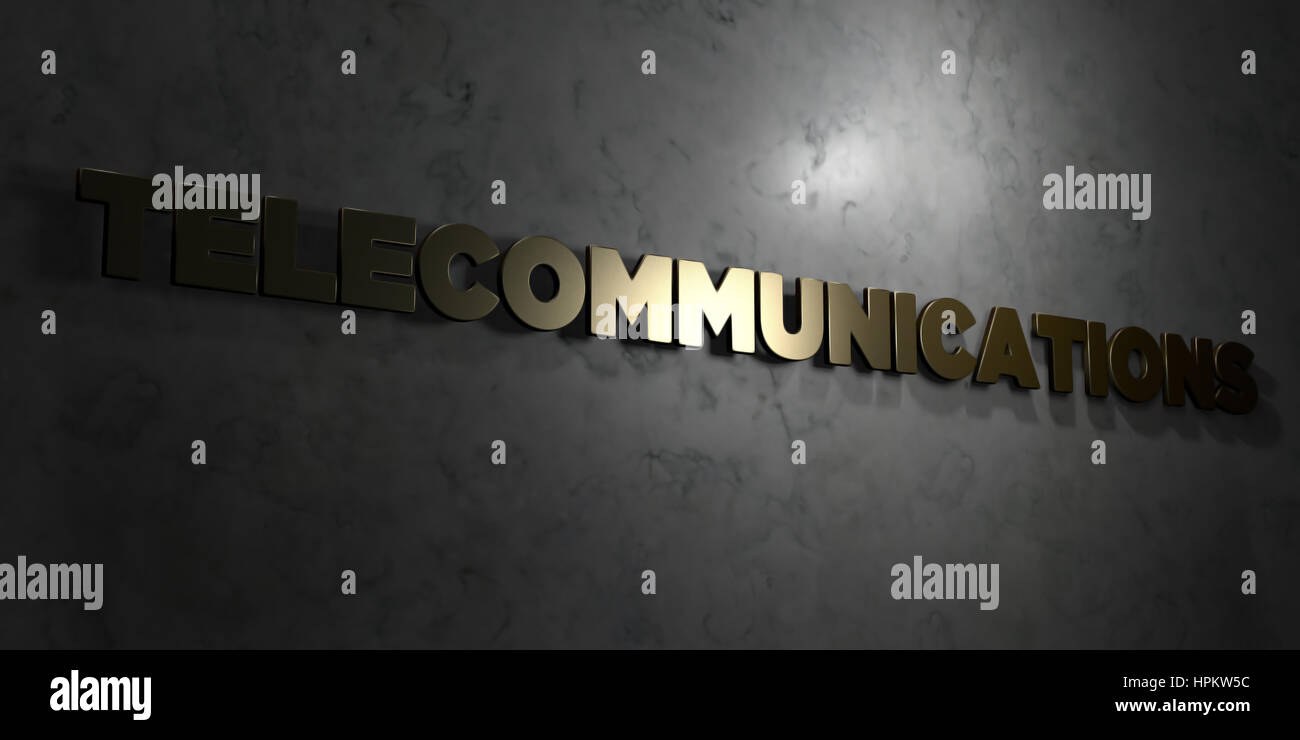 Telecommunications - Gold text on black background - 3D rendered ...