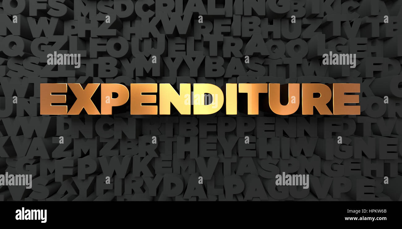 Expenditure - Gold text on black background - 3D rendered royalty free ...
