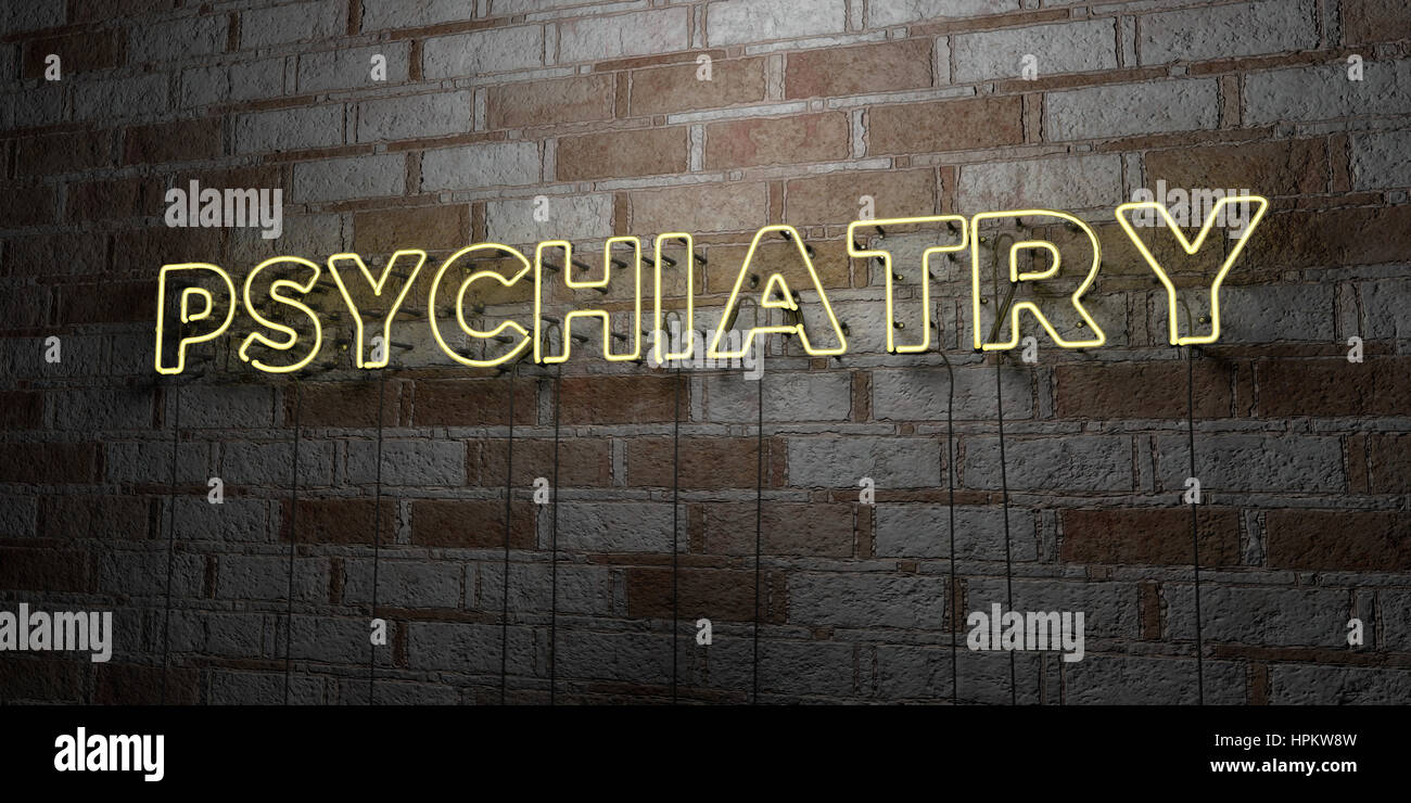 PSYCHIATRY - Glowing Neon Sign on stonework wall - 3D rendered royalty ...