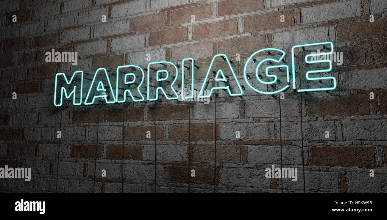 MARRIAGE - Glowing Neon Sign on stonework wall - 3D rendered royalty ...