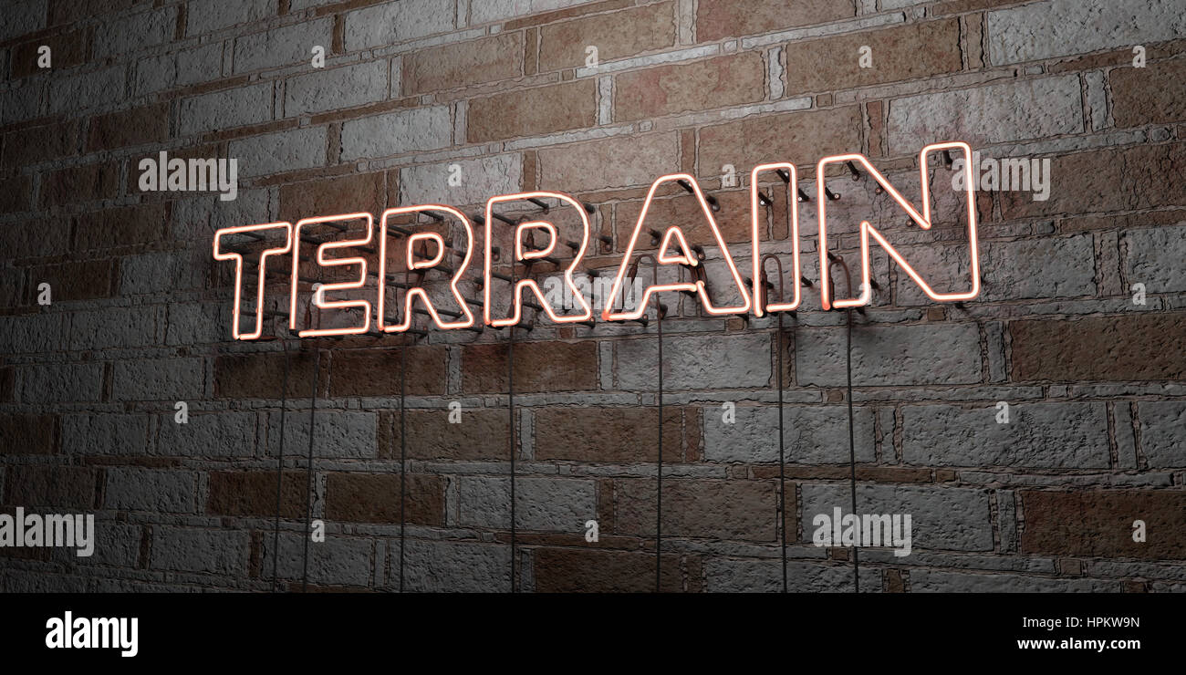TERRAIN - Glowing Neon Sign on stonework wall - 3D rendered royalty ...