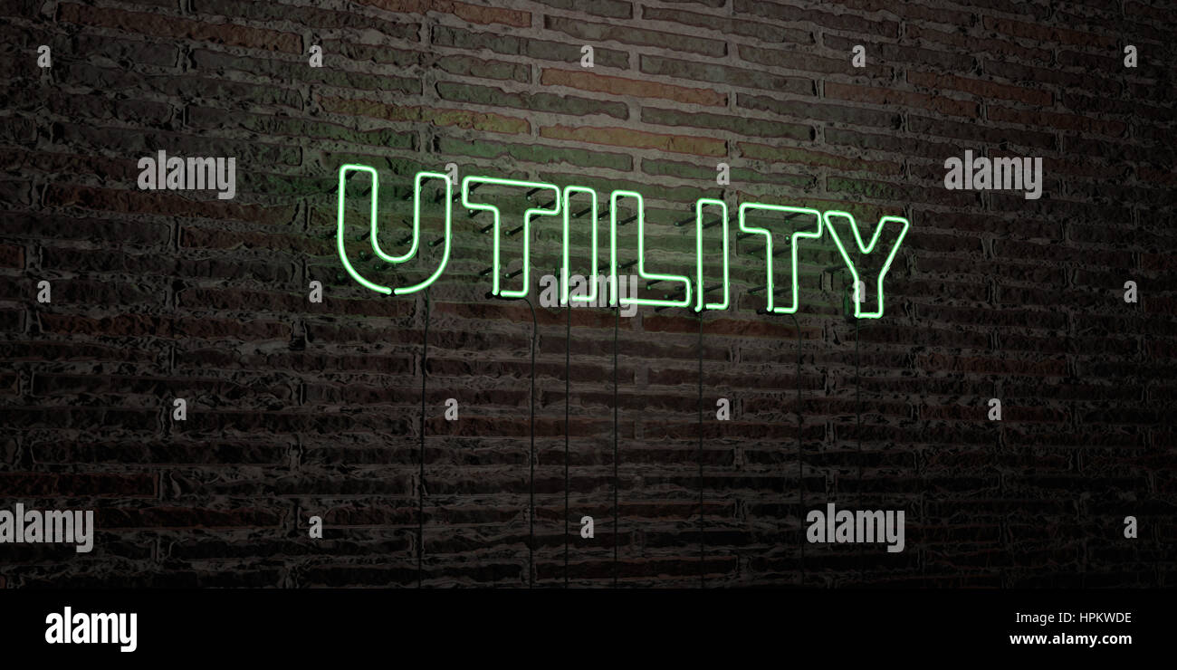 UTILITY -Realistic Neon Sign on Brick Wall background - 3D rendered ...
