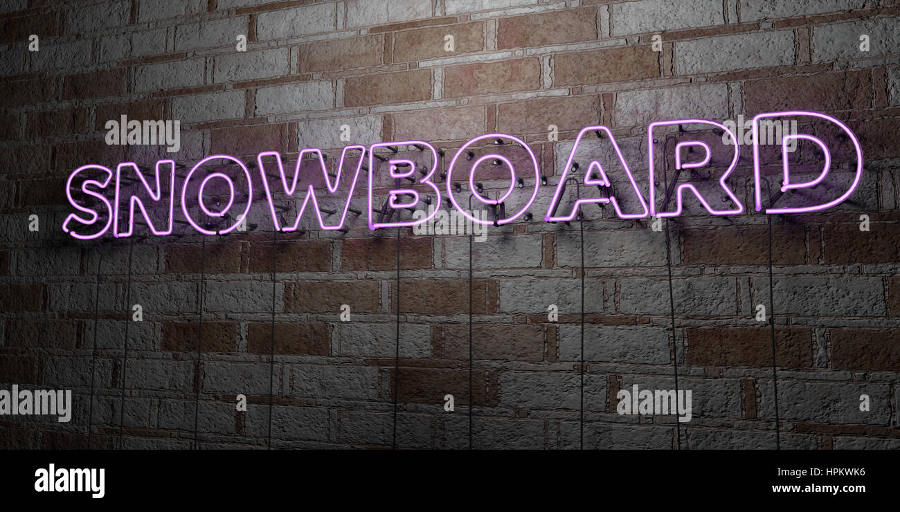 SNOWBOARD - Glowing Neon Sign on stonework wall - 3D rendered royalty ...