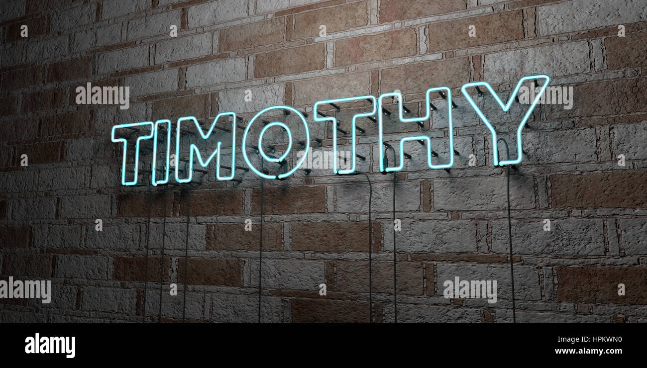 TIMOTHY - Glowing Neon Sign on stonework wall - 3D rendered royalty ...