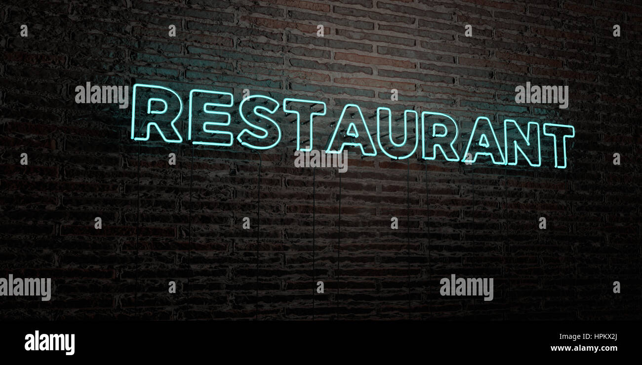 RESTAURANT -Realistic Neon Sign on Brick Wall background - 3D rendered ...