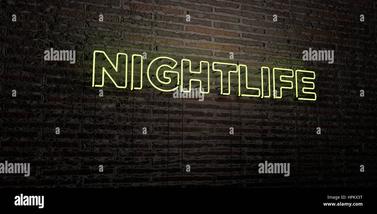 NIGHTLIFE -Realistic Neon Sign on Brick Wall background - 3D rendered ...