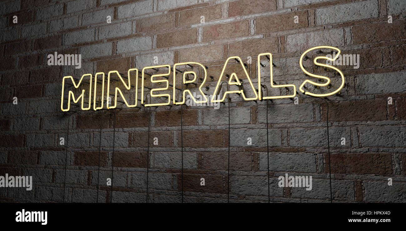 MINERALS - Glowing Neon Sign on stonework wall - 3D rendered royalty ...