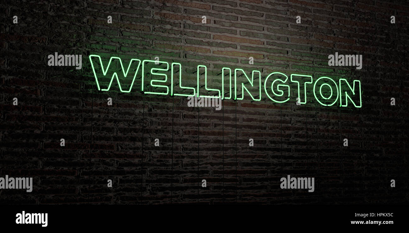 WELLINGTON -Realistic Neon Sign on Brick Wall background - 3D rendered ...