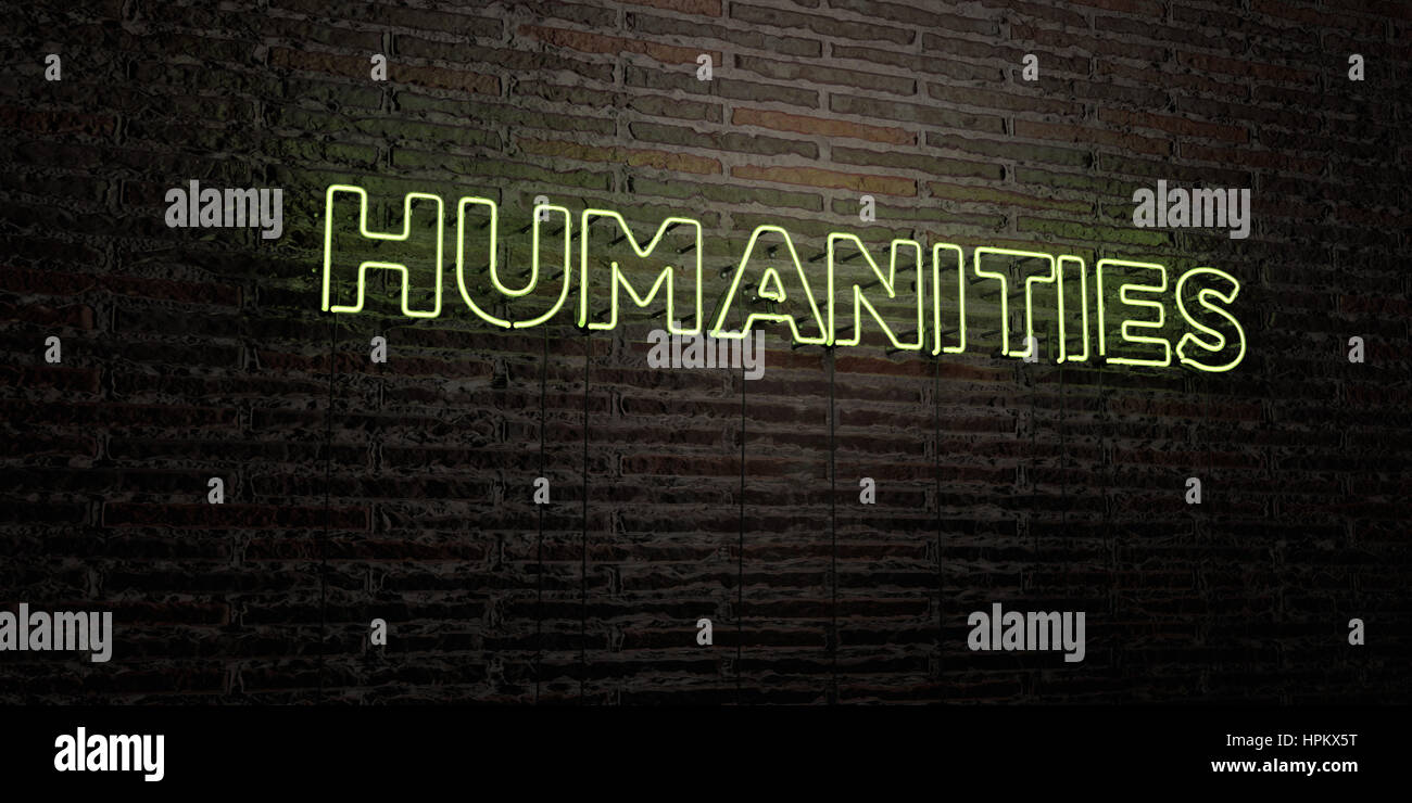 HUMANITIES -Realistic Neon Sign on Brick Wall background - 3D rendered ...