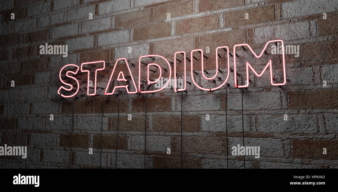 STADIUM - Glowing Neon Sign on stonework wall - 3D rendered royalty ...