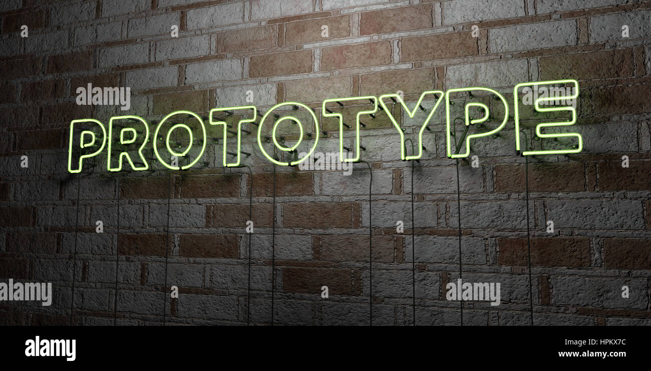 PROTOTYPE - Glowing Neon Sign on stonework wall - 3D rendered royalty ...