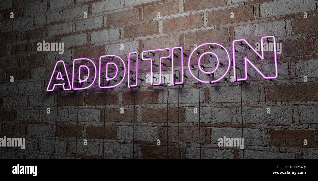 ADDITION - Glowing Neon Sign on stonework wall - 3D rendered royalty ...