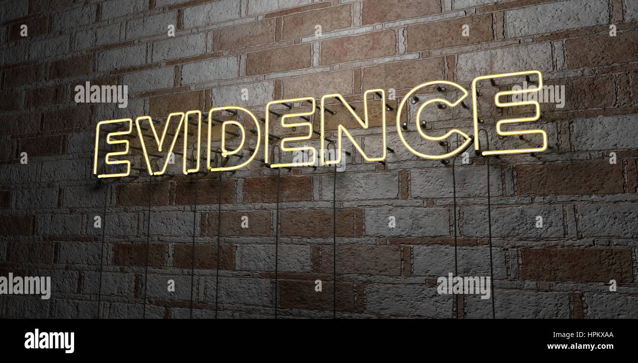 EVIDENCE - Glowing Neon Sign on stonework wall - 3D rendered royalty ...