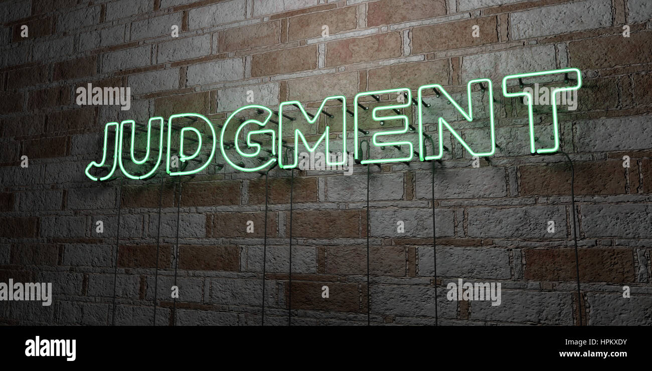 JUDGMENT - Glowing Neon Sign on stonework wall - 3D rendered royalty ...